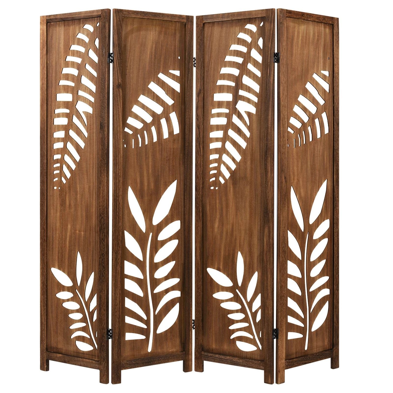 Costway 4-Panel Partition Room Divider w/Carved Leaf Pattern Folding ...