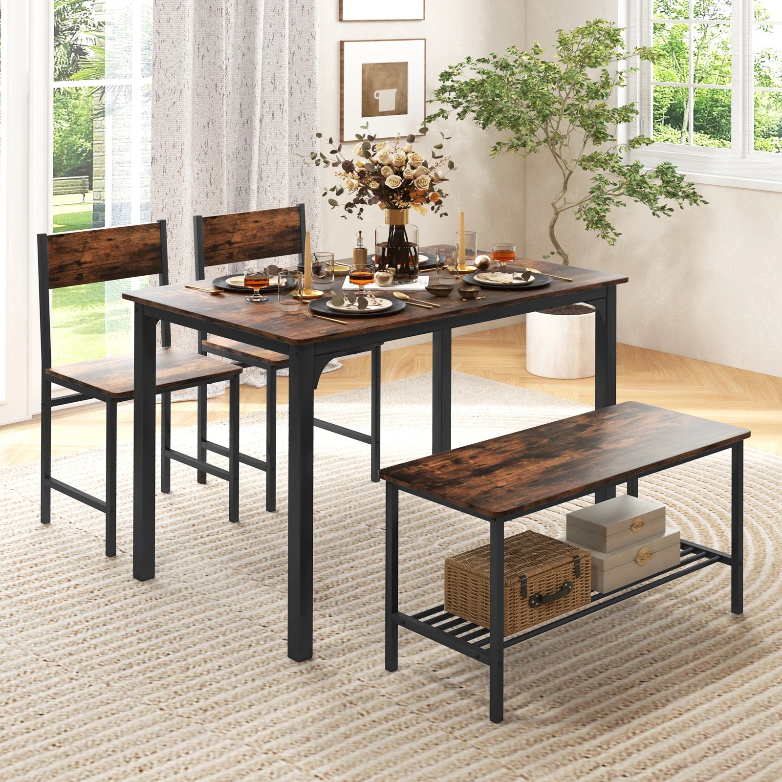 Costway 4PCS Metal Dining Table & Chairs Set Bench Seat w/Storage Rack ...