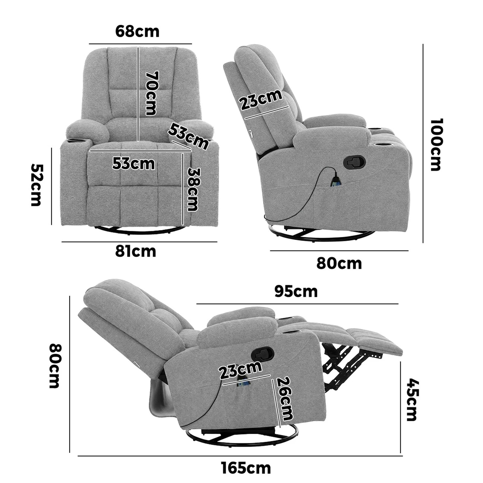 Oikiture Recliner Chair 360 Swivel Rocking Heated Electric Massage ...