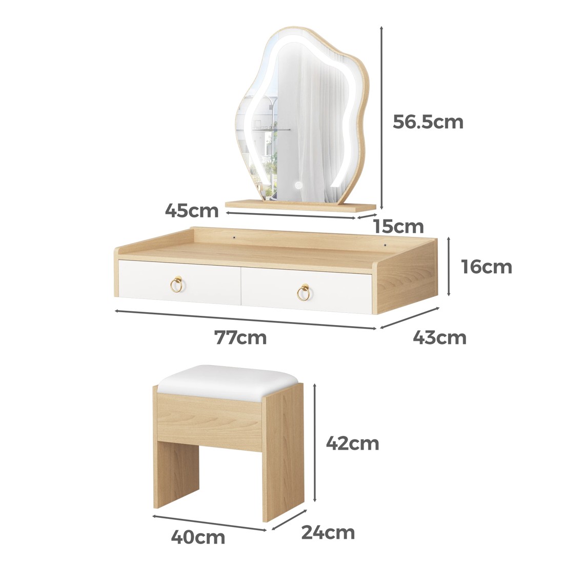Alfordson Dressing Table Stool Set Floating Makeup Mirror LED Vanity ...