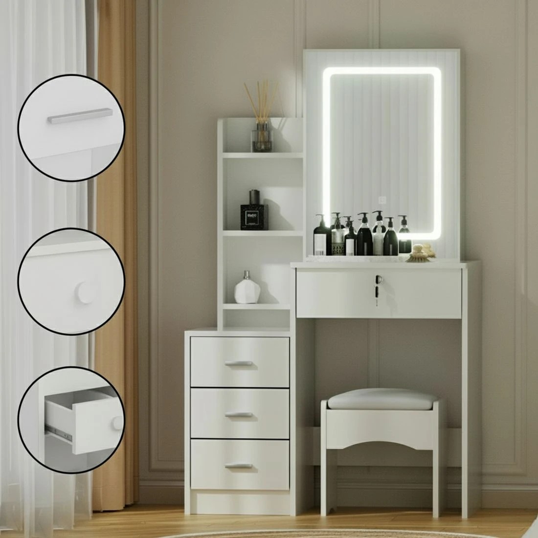 Artiss Dressing Table Vanity Desk Set Stool Led - White - Kmart