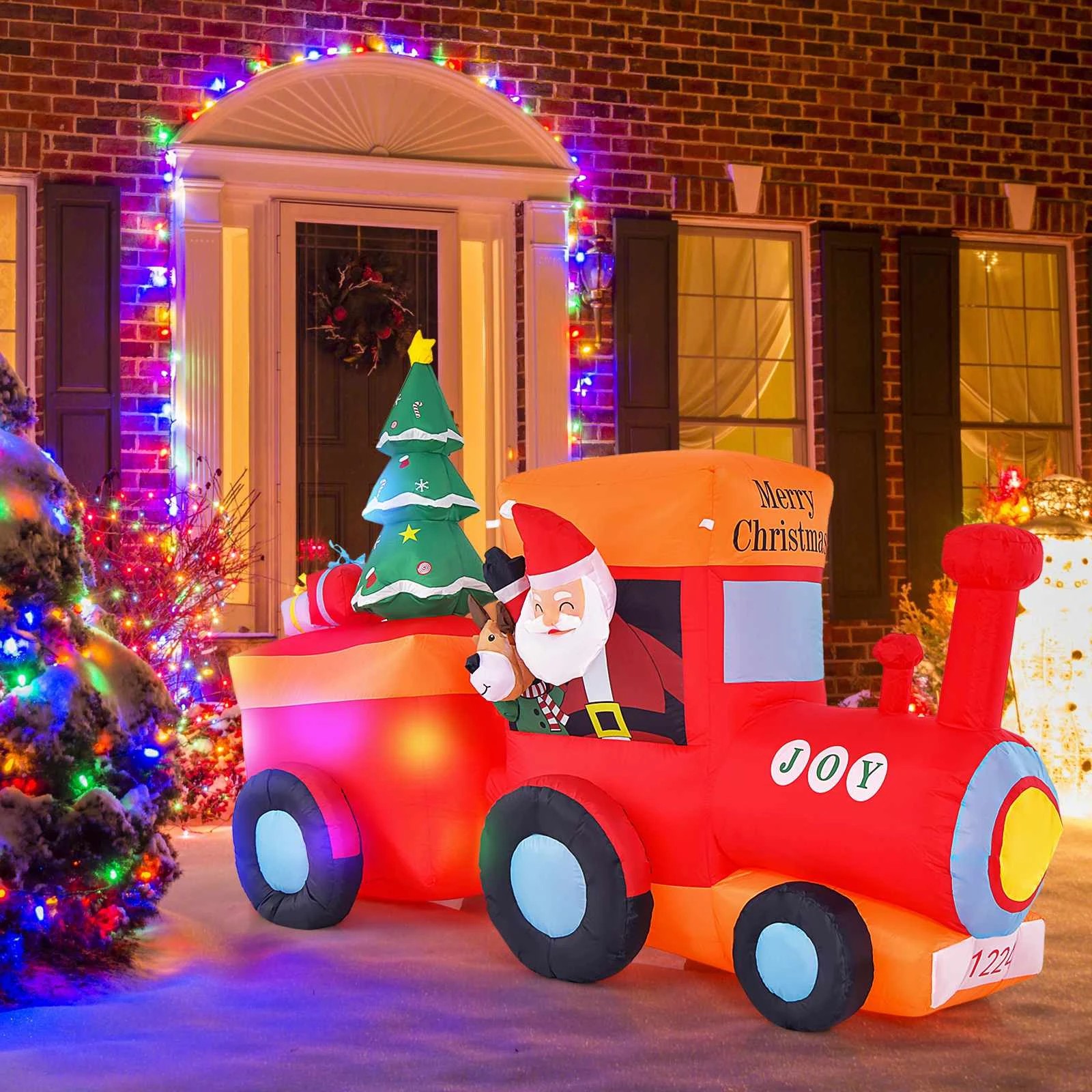 Costway 2.6M Christmas Inflatable Train w/Santa Claus &Deer Blow Up LED ...