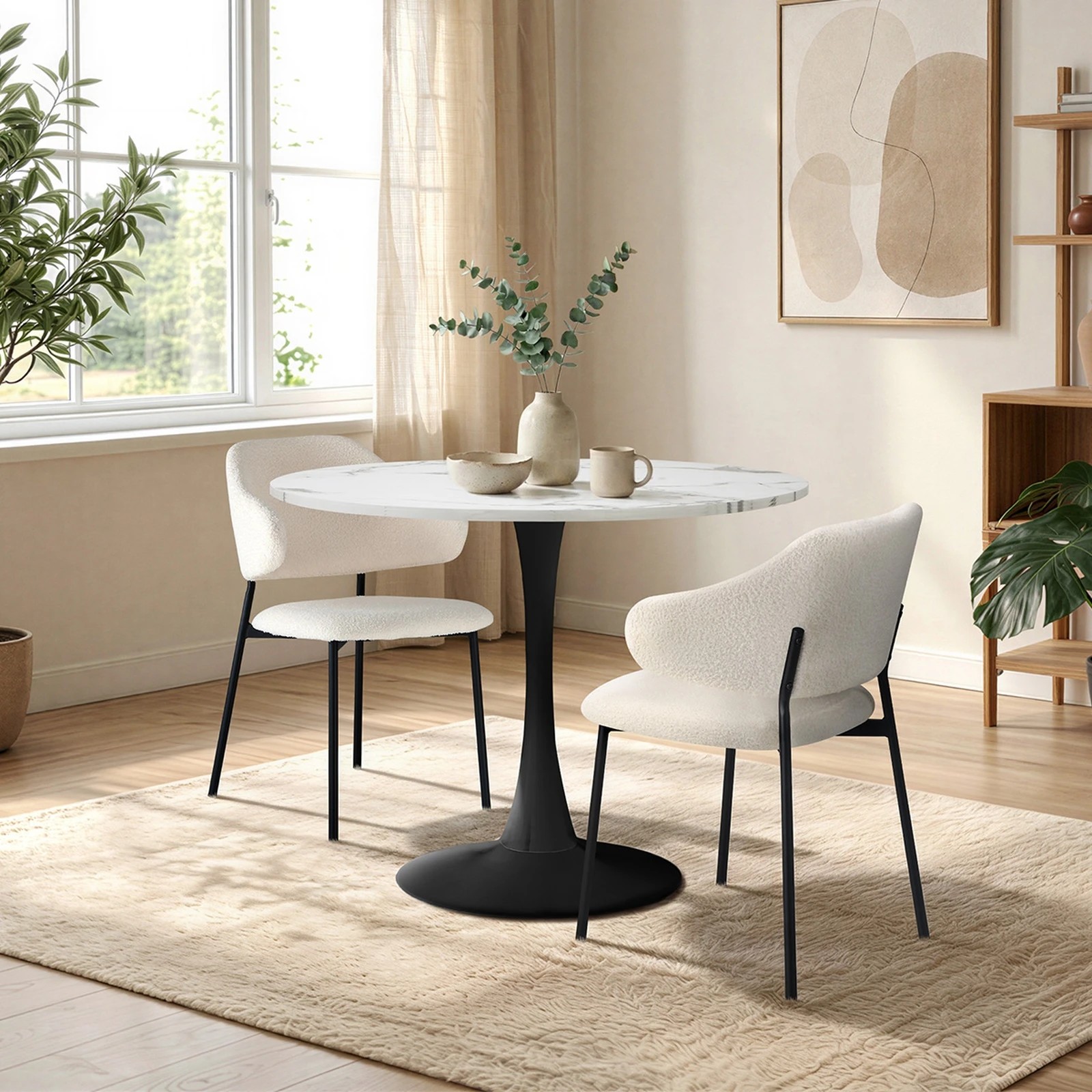 Oikiture 3PCS Dining Table Set Round Table Fabric Dining Chairs -White ...