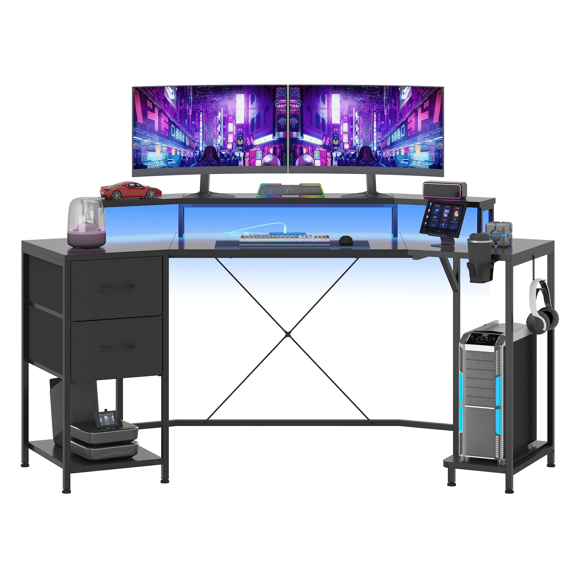 Advwin 185cm LED Gaming Desk w/ Power Outlets Carbon Fiber Computer ...