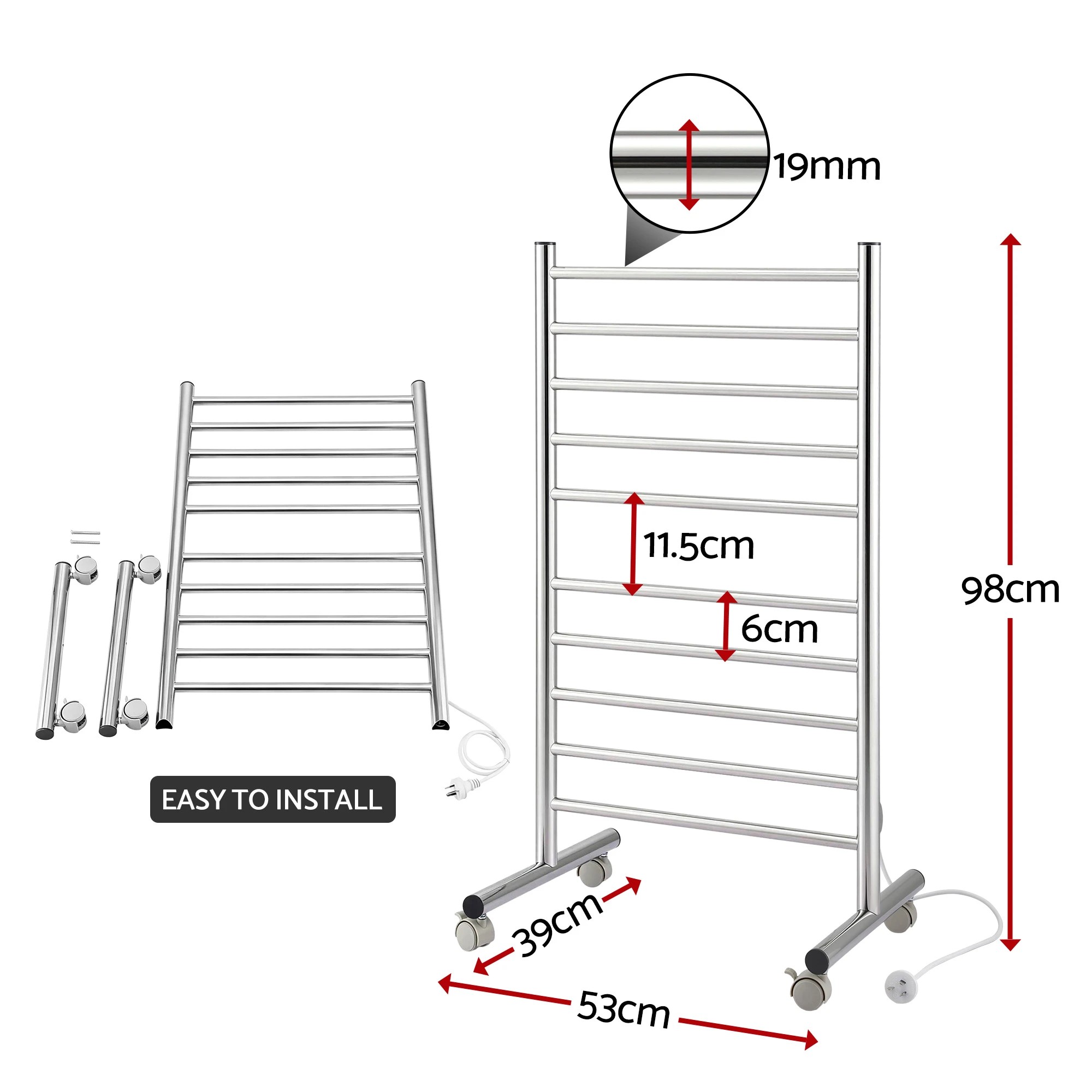 Devanti 10-Bar Freestanding Heated Towel Rail 3-5 Mins Fast Heating ...