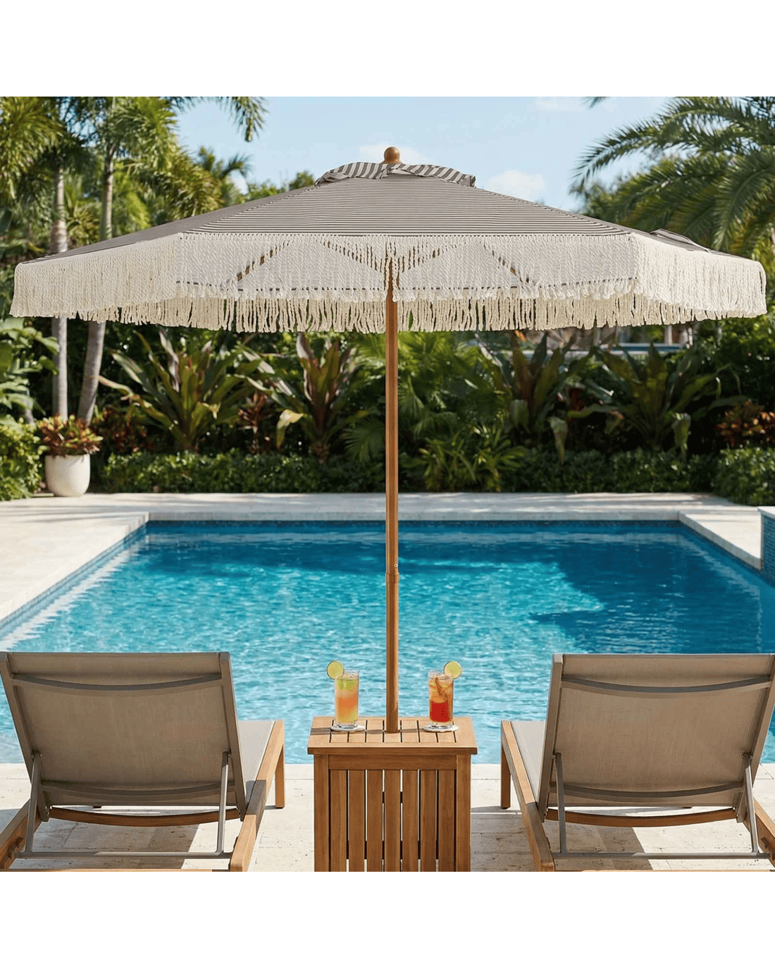 Costway 2.1m Patio Umbrella w/Fringe Boho Polyester Canopy Sun Shade ...