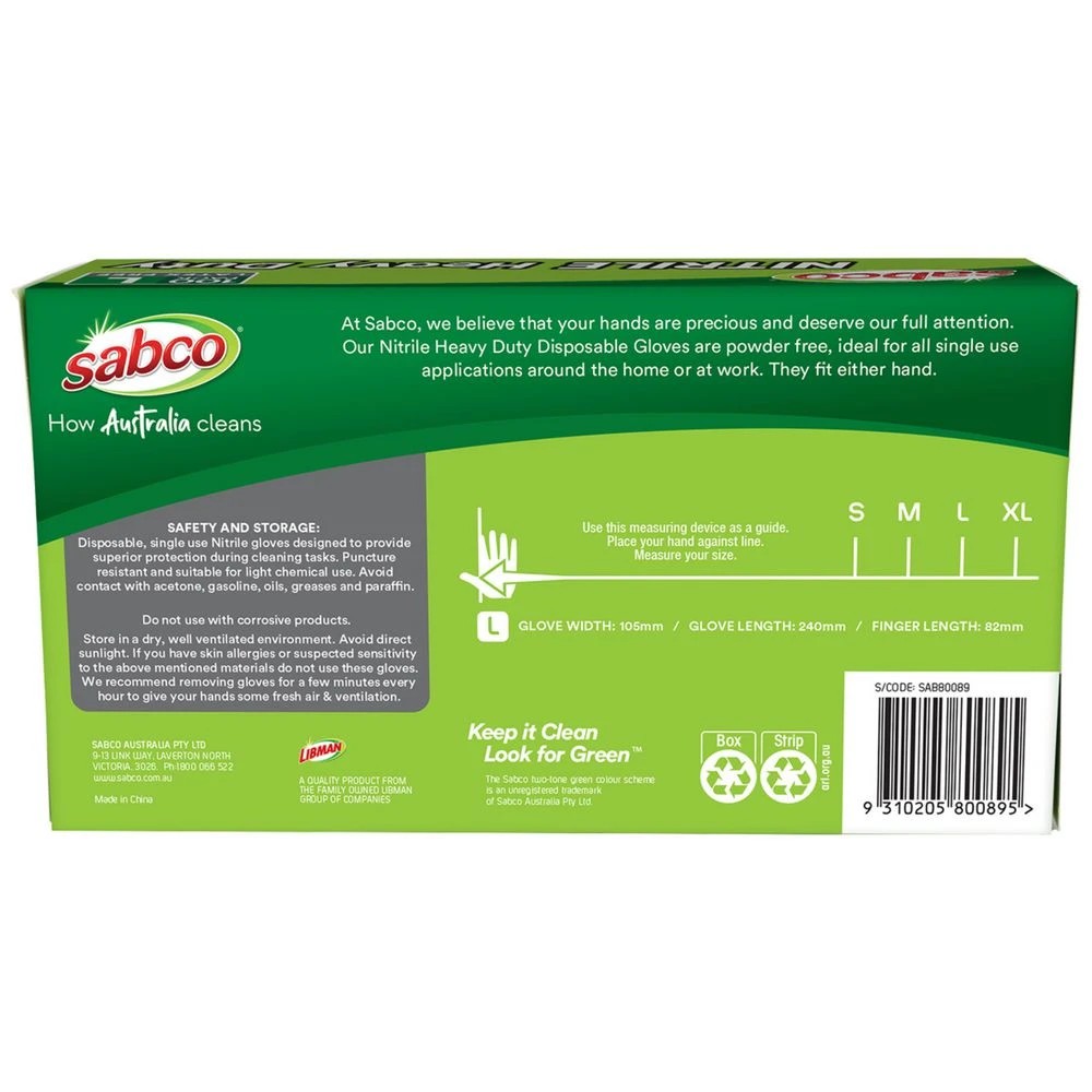 Sabco Heavy Duty Nitrile Gloves Large 100 Pack - Kmart