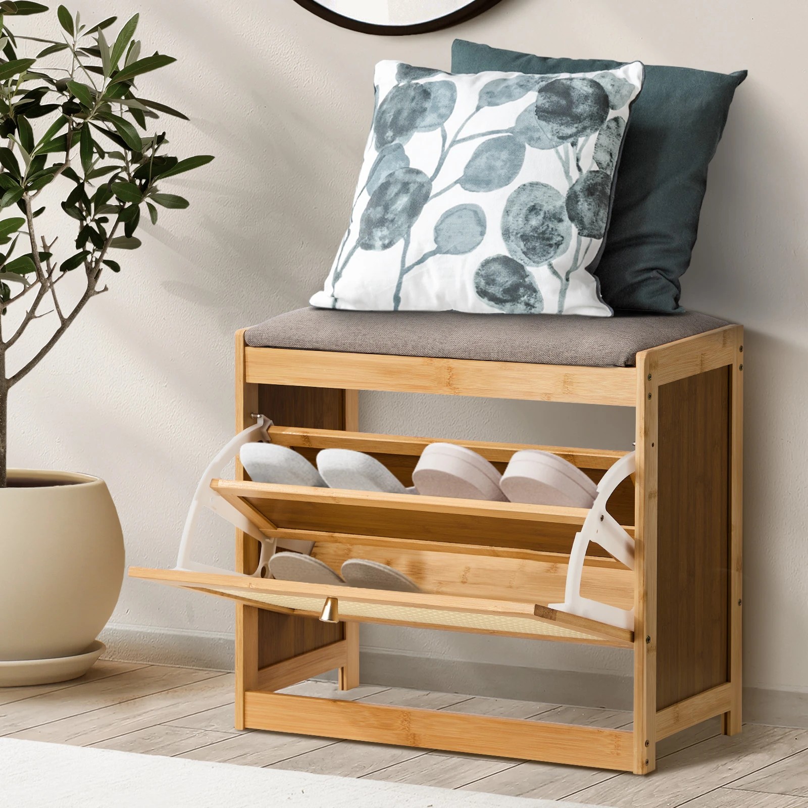 Oikiture Shoe Storage Bench Bamboo 2 in 1 Organiser Shelf with Seat ...