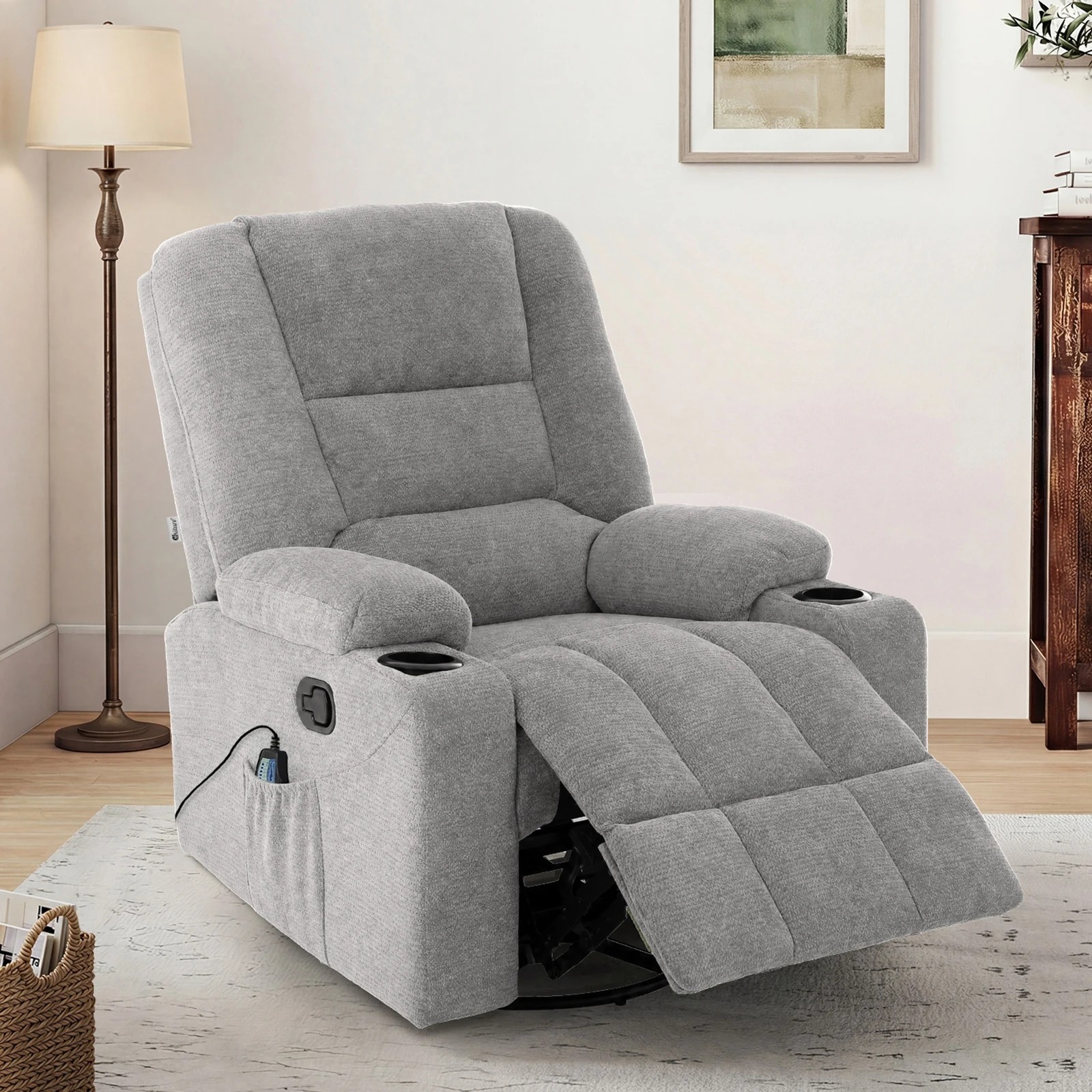 Oikiture Recliner Chair 360 Swivel Rocking Heated Electric Massage ...