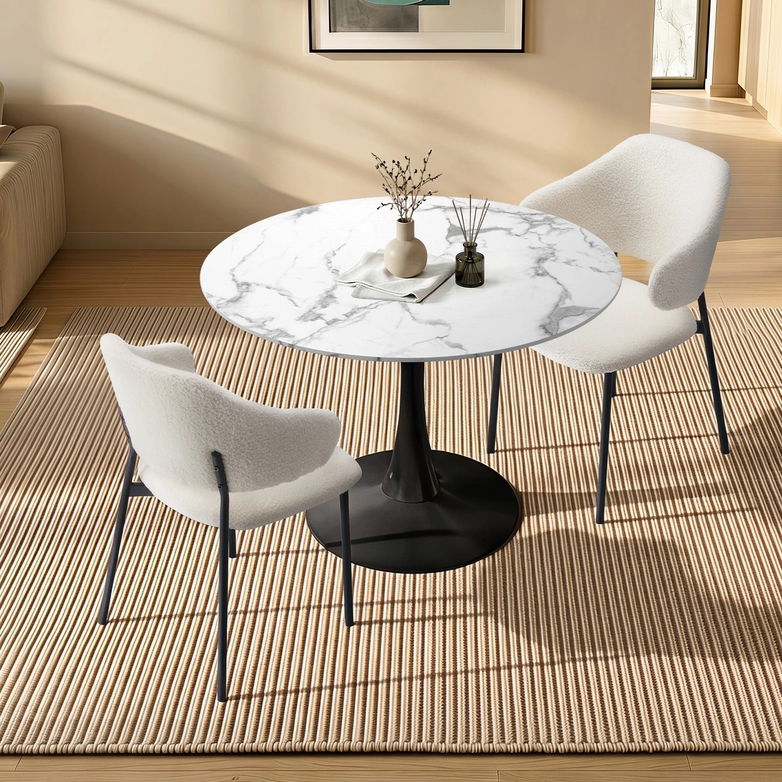 Oikiture 3PCS Dining Table Set Round Table Fabric Dining Chairs -White ...