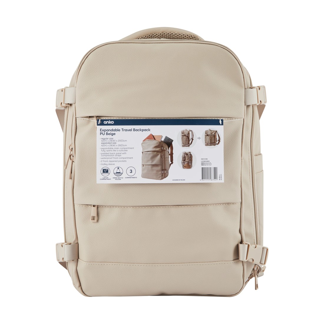 PU Expandable Travel Backpack - Beige - Kmart