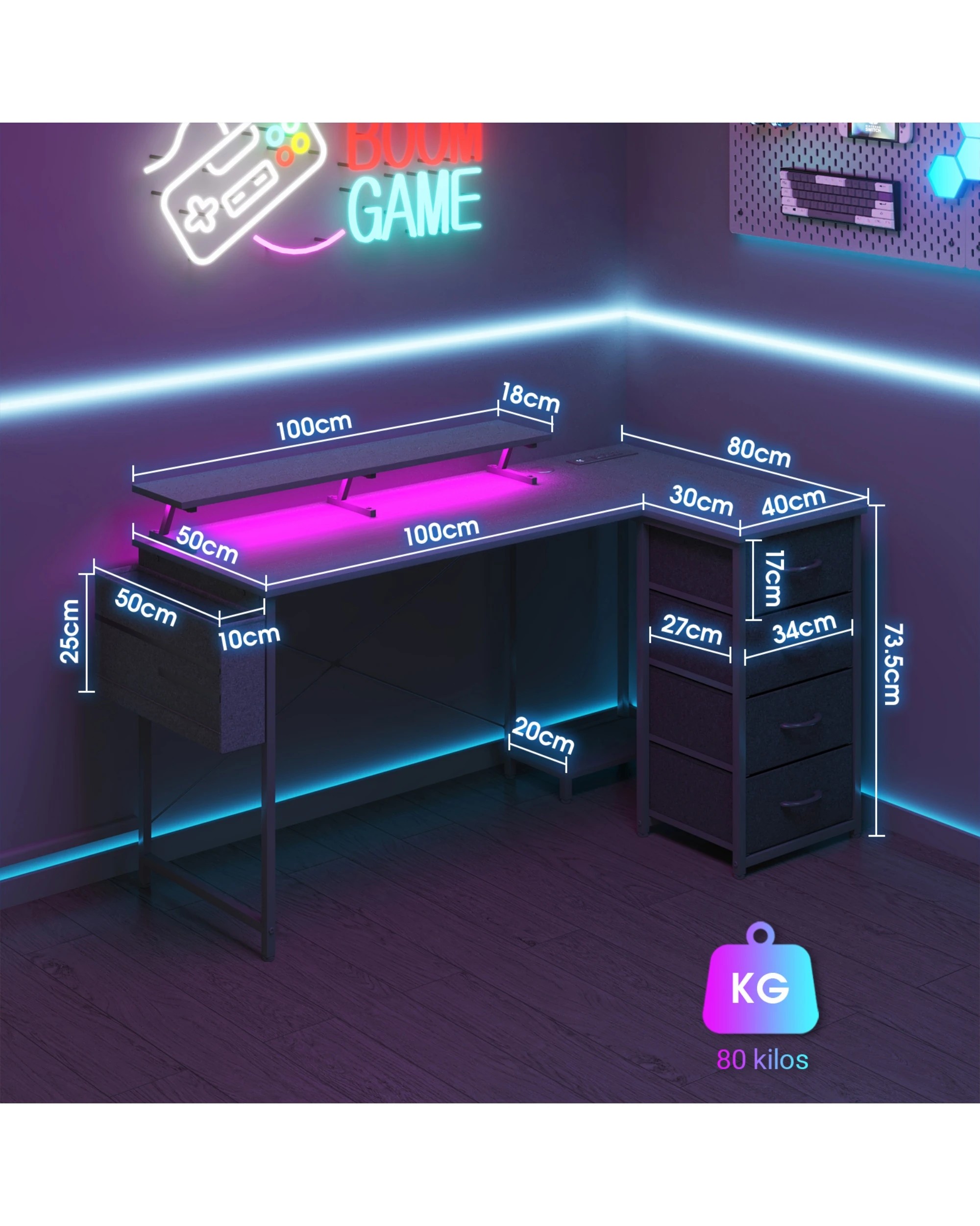 Advwin L Shaped Gaming Desk 140cm With Led Lights & Power Outlets ...