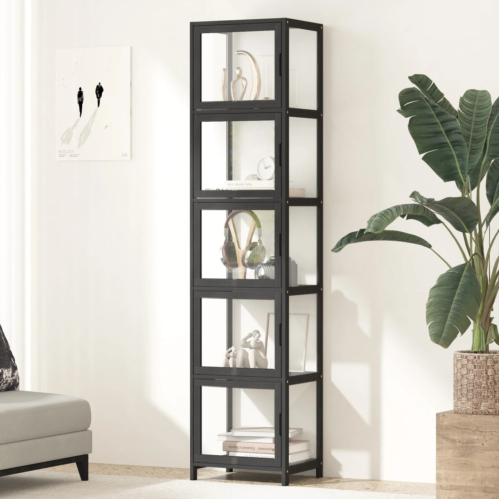 Oikiture Display Cabinet 5-tier Slim Storage Shelves Clear Bookcase ...