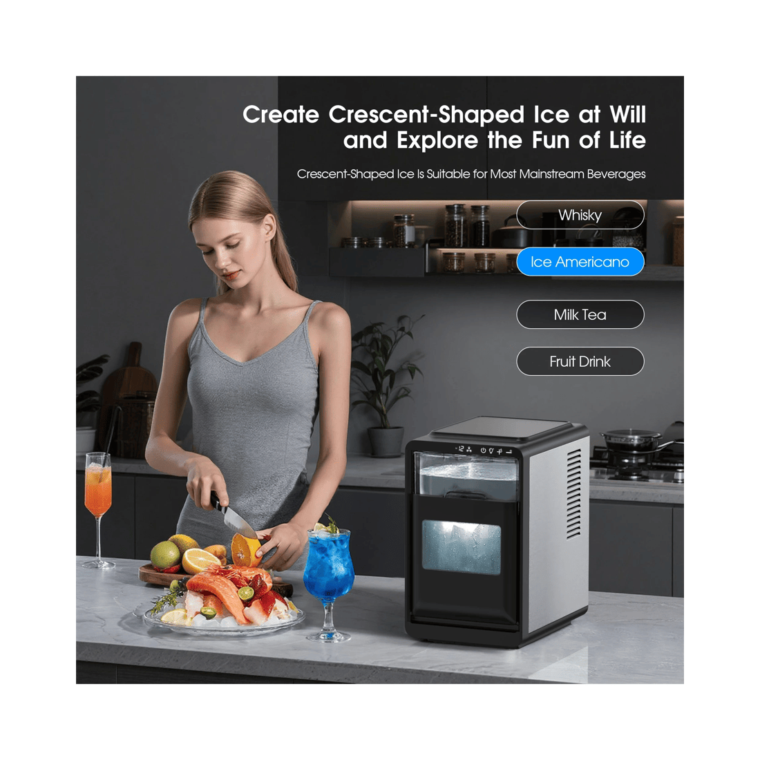 Advwin Crescent Ice Maker, 12kg/day Countertop Ice Machine With ...