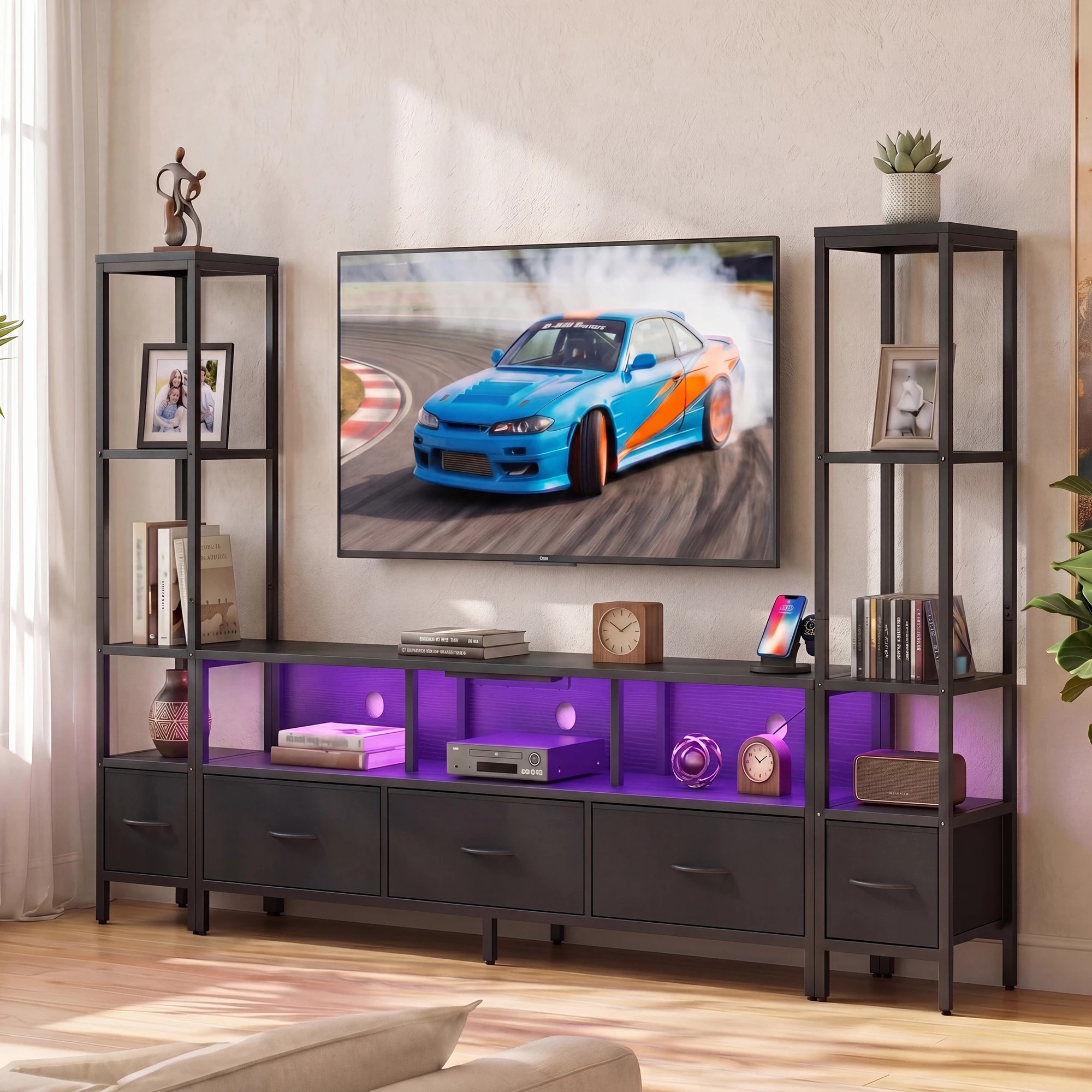 Advwin 197cm TV Stand with Bookshelf Entertainment Center with Power ...