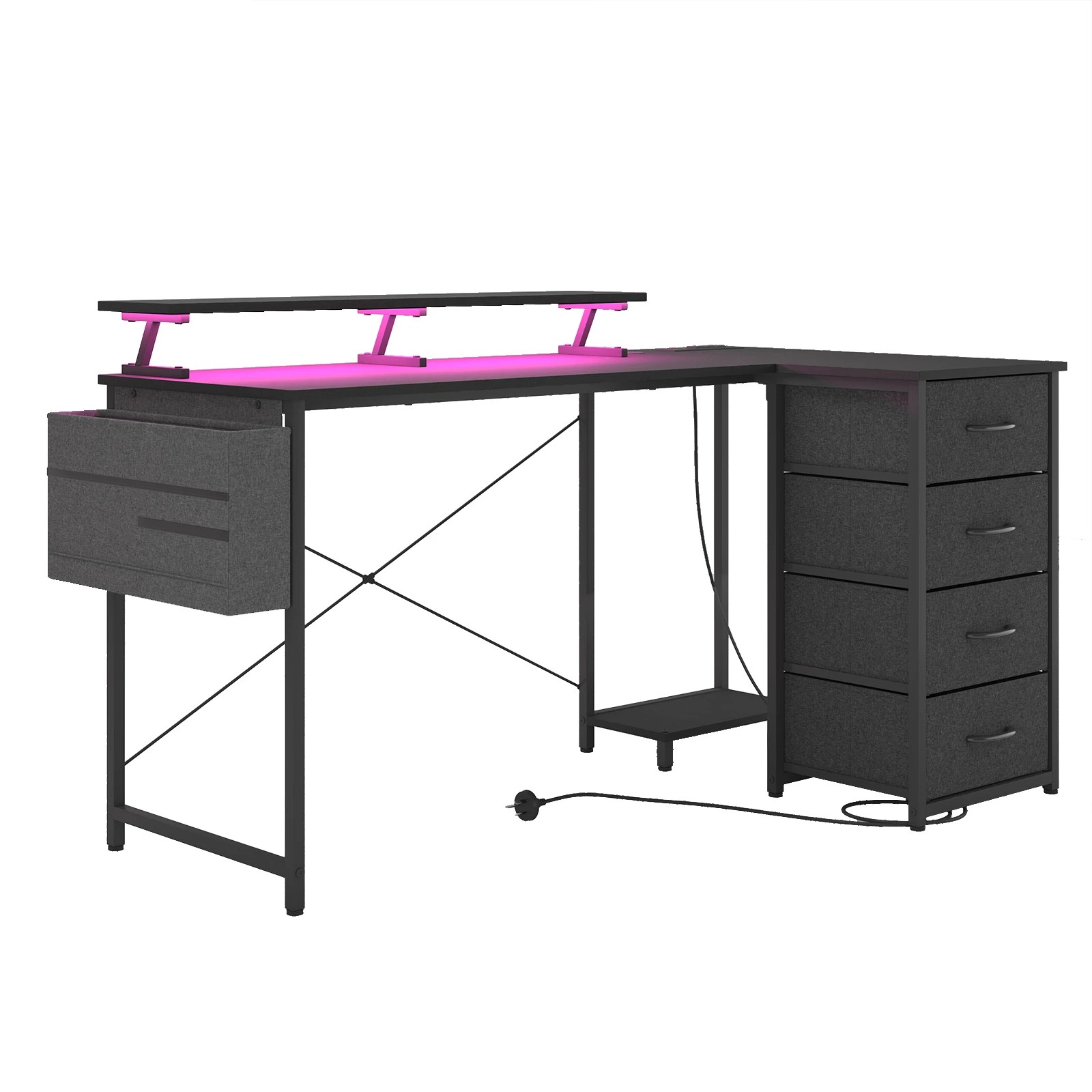 Advwin L Shaped Gaming Desk 140cm With Led Lights & Power Outlets ...