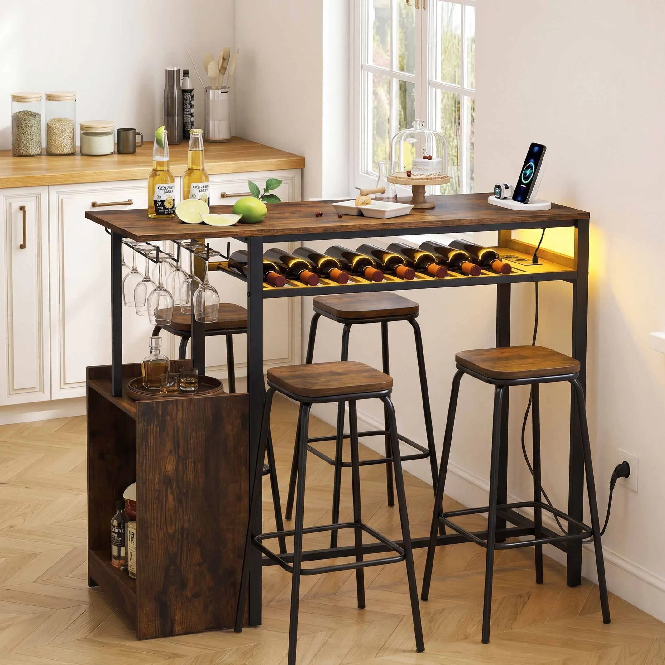 Costway 110x40cm Bar Table LED Counter Height Pub Dining Table 8-Bottle ...