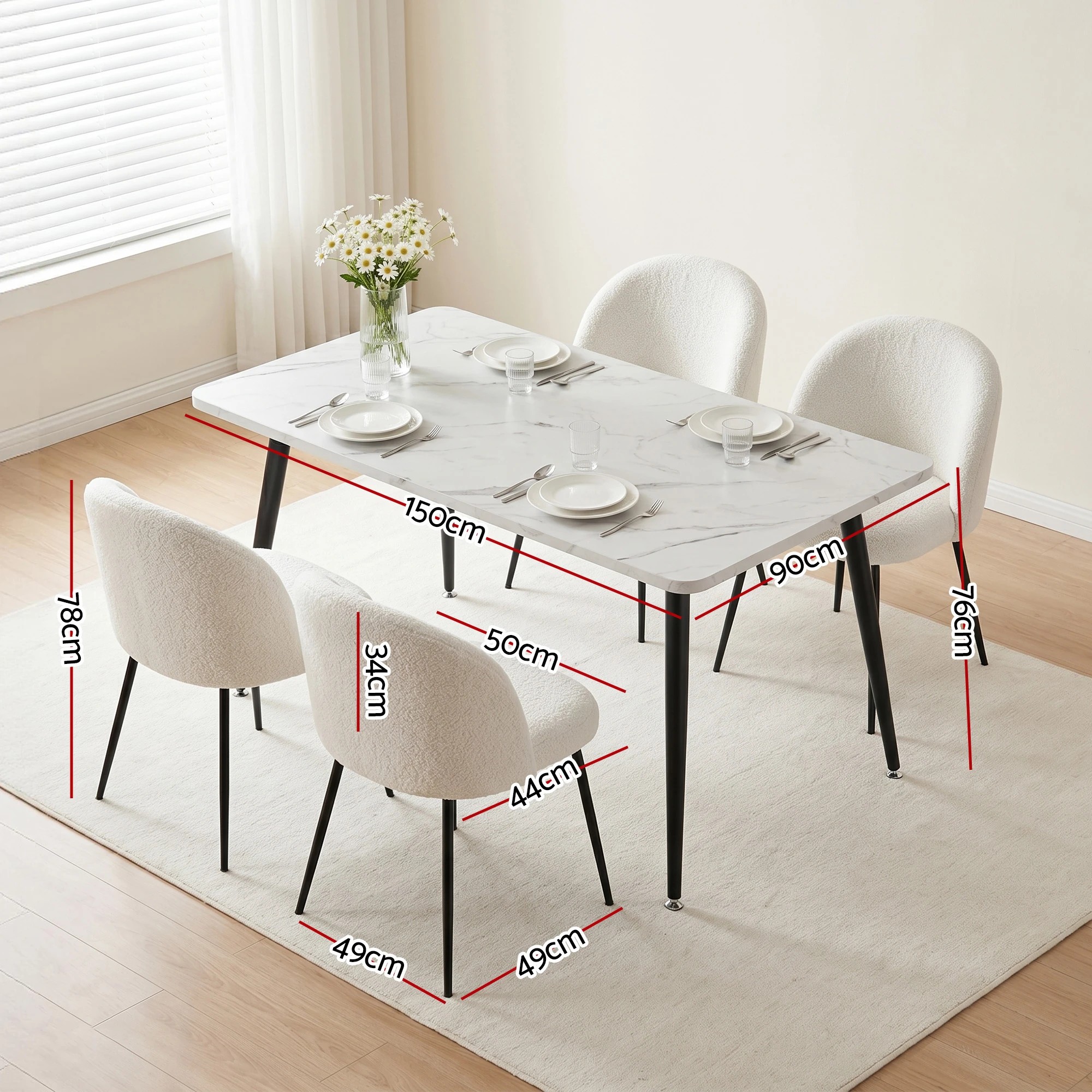 Artiss Dining Table and 4 Chairs Set White Marble Style - Multi - Kmart