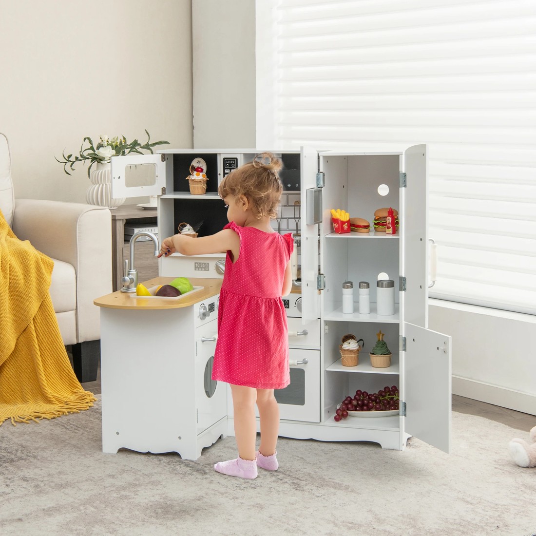 Costway Corner Play Kitchen Wood Pretend Cooking Toy - Kmart