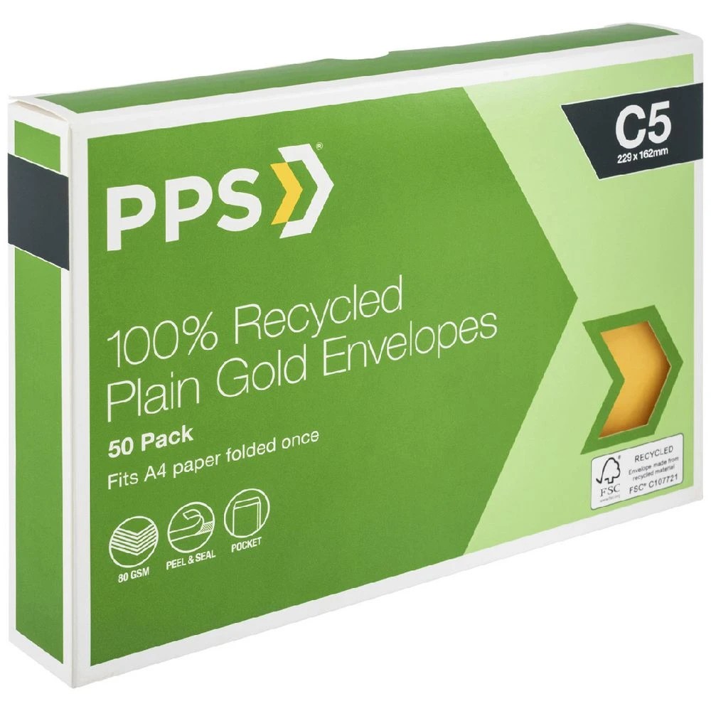 PPS C5 Plain Faced Gold Envelopes 50 Pack - Kmart