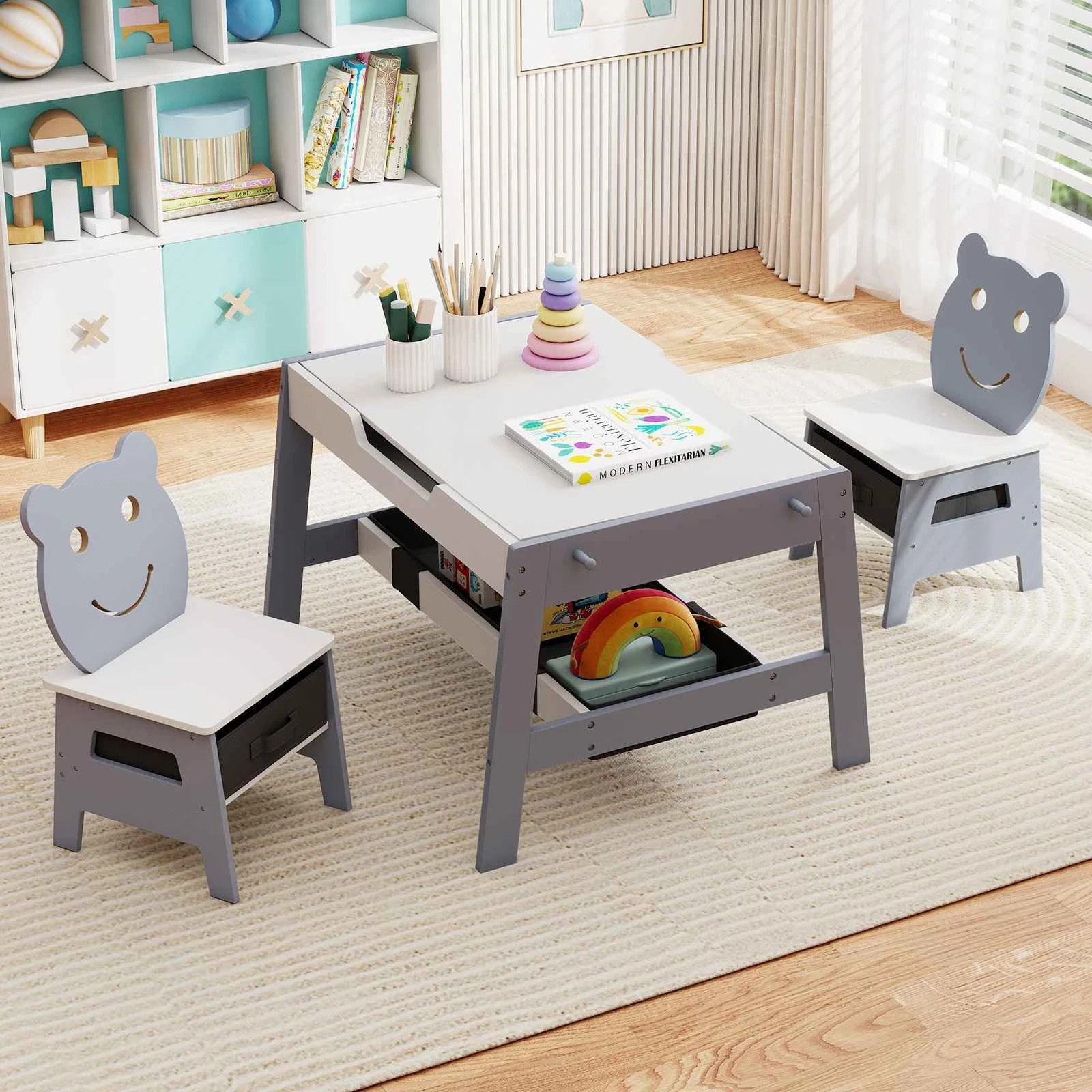 Costway Table & 2 Chairs Set Wooden Activity Furniture Double-sided ...