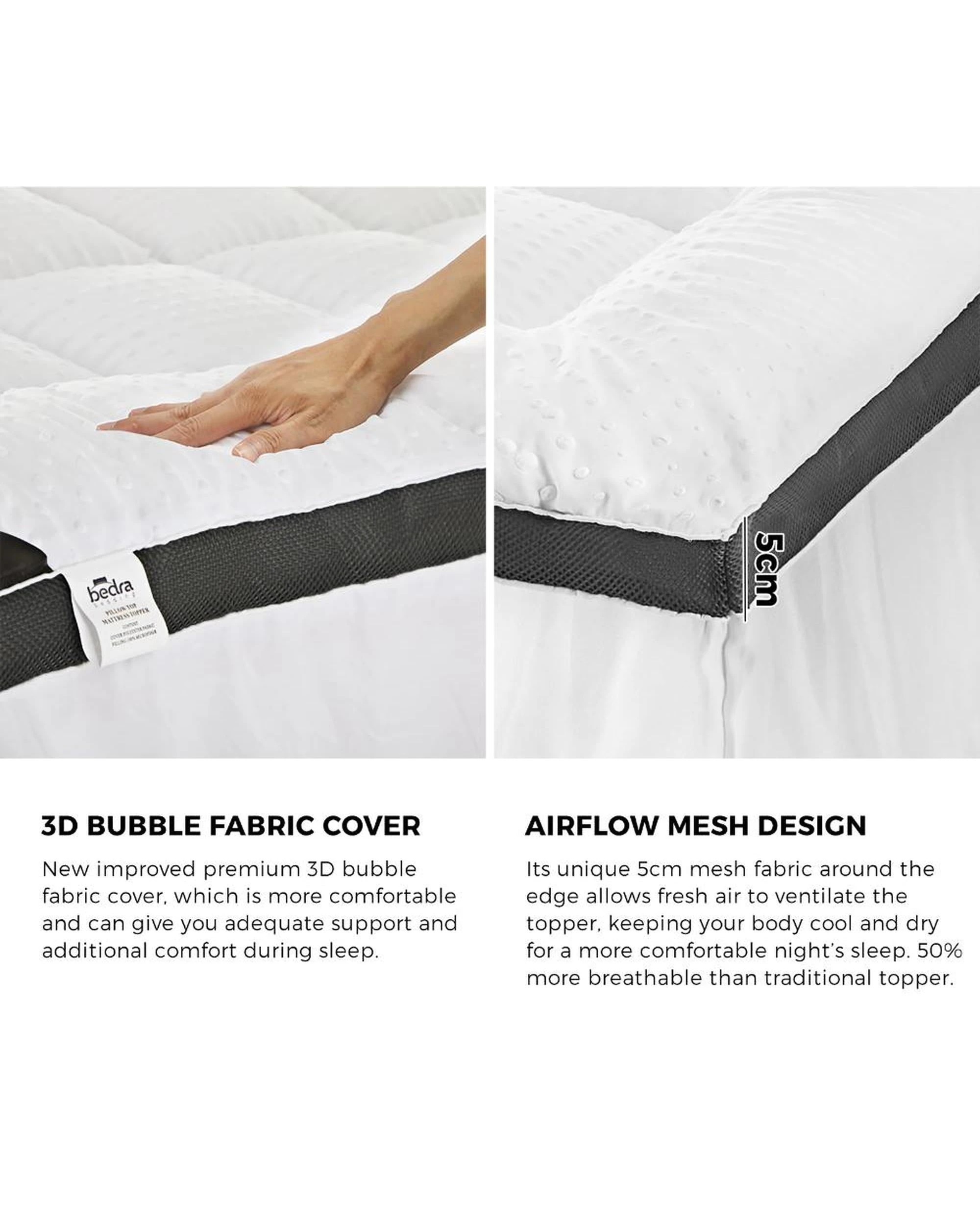 Bedra 5cm Pillow Top Mattress Topper — Airflow Mesh, 1000gsm Microfibre ...