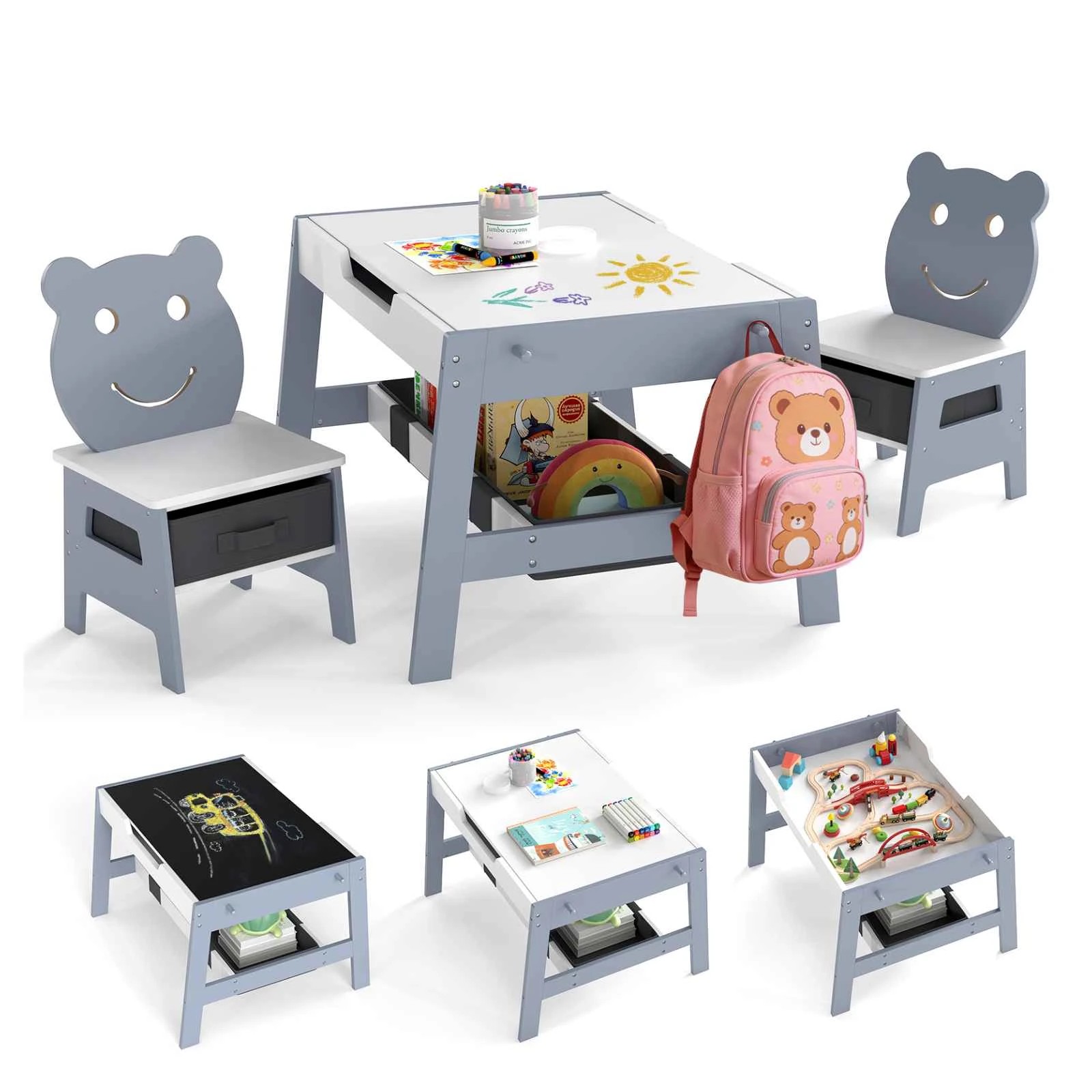 Costway Table & 2 Chairs Set Wooden Activity Furniture Double-sided ...